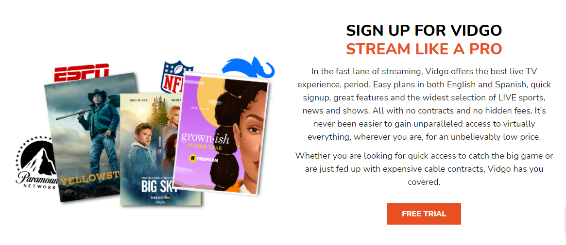Vidgo TV Plans Features and Free trial